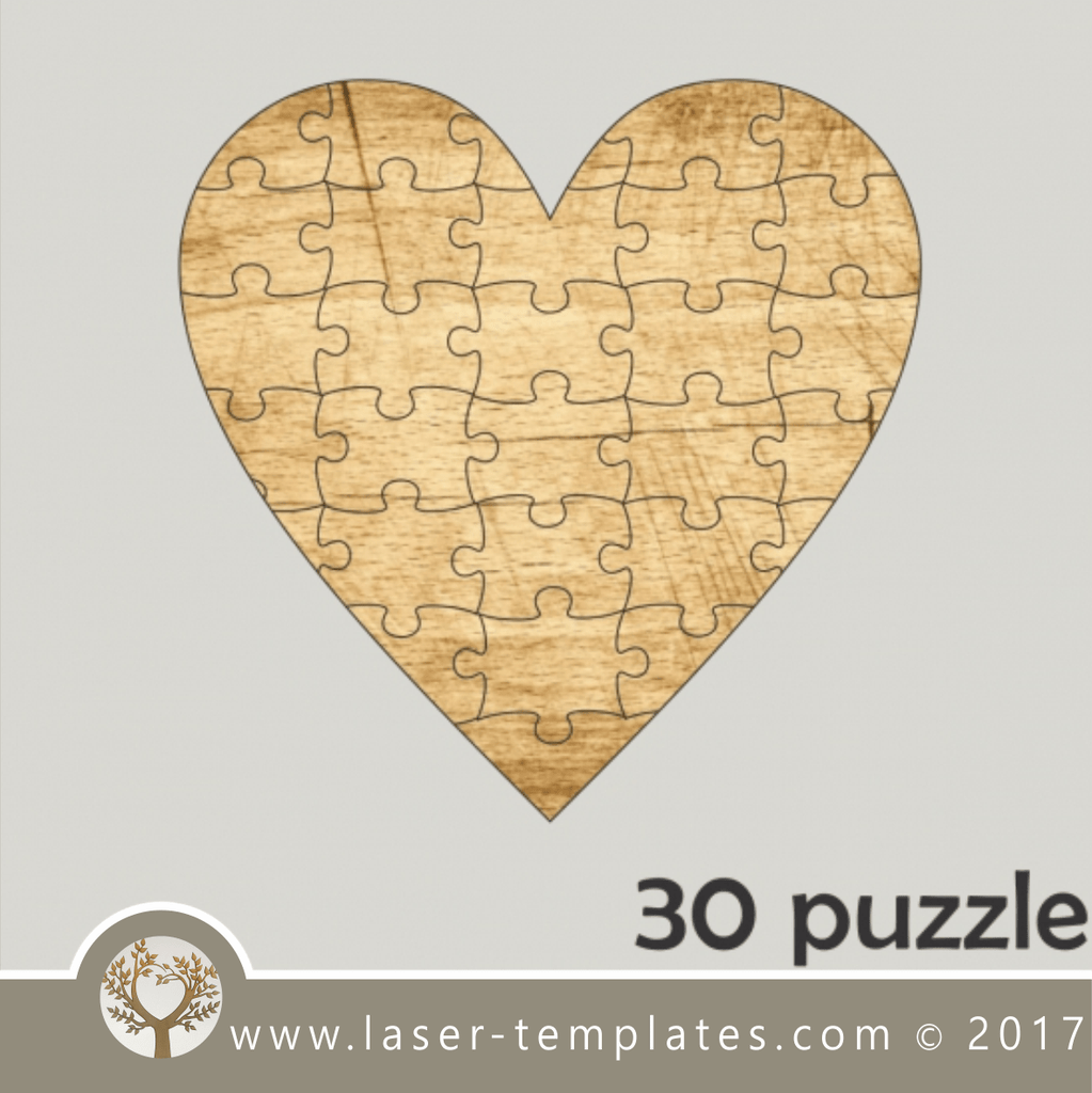 30 puzzle template, laser cut heart shape puzzle pattern. Single line ...