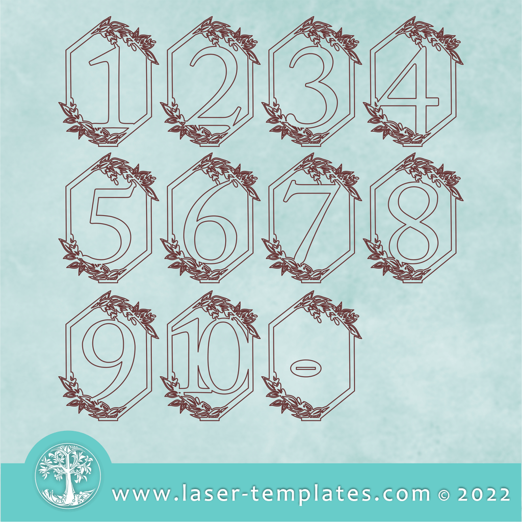 Leafy Hexagon Frame Table Numbers 1-10 – Laser Ready Templates
