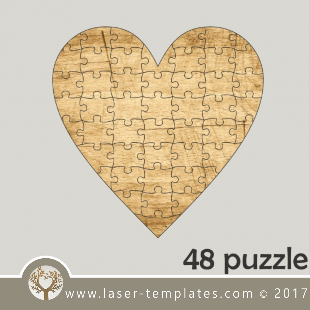 48 puzzle template, laser cut heart shape puzzle pattern. Single line ...