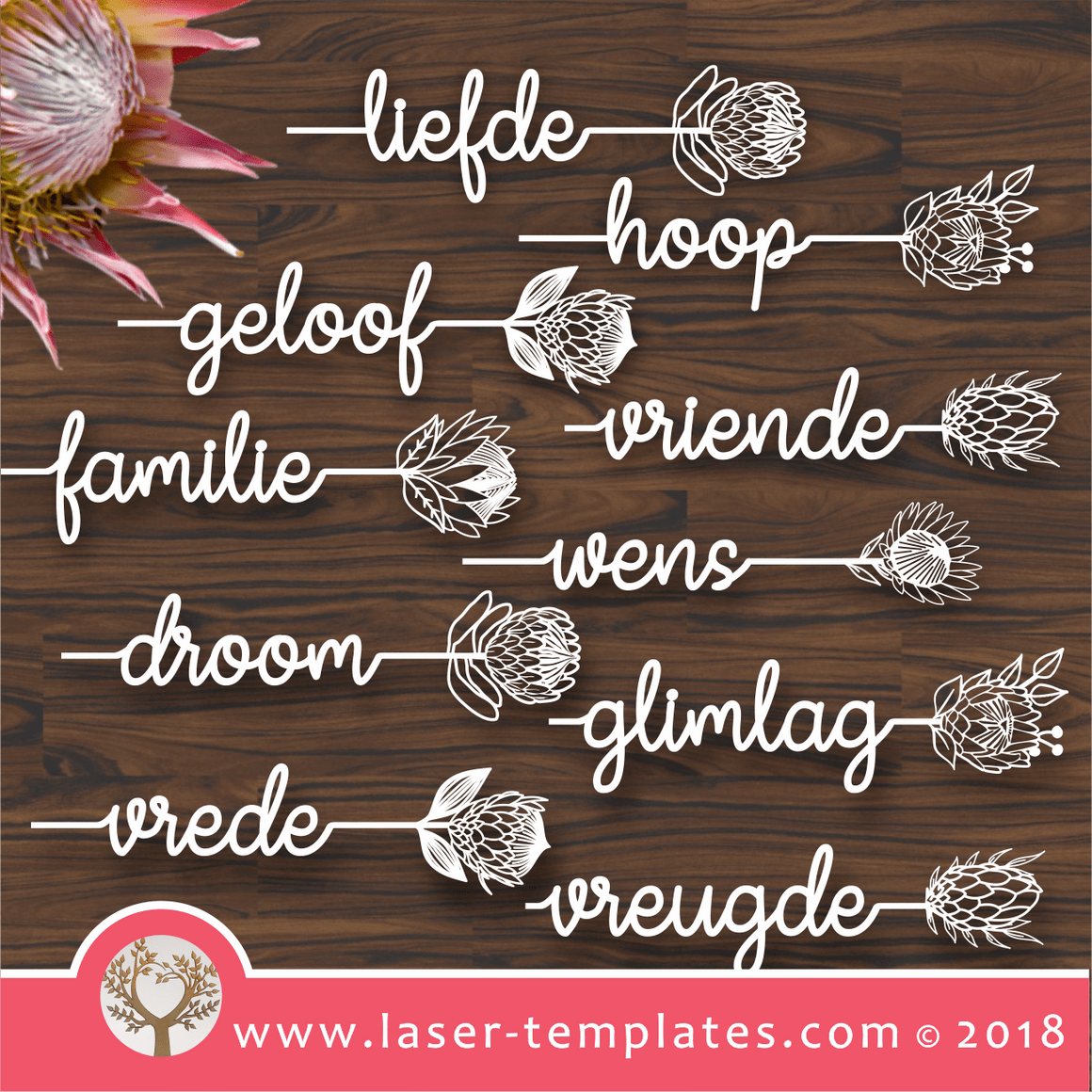 Afrikaans Word Protea Set of 10 – Laser Ready Templates