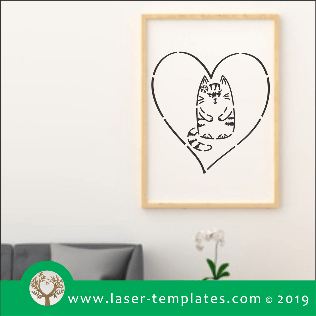 Laser cut template for Cat in Heart Stencil – Laser Ready Templates