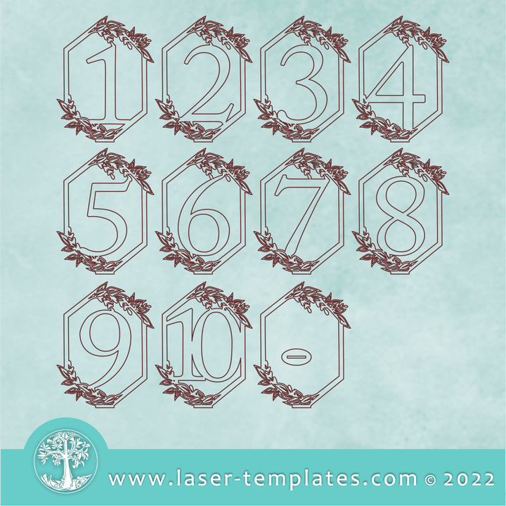 Leafy Hexagon Frame Table Numbers 1-10 – Laser Ready Templates