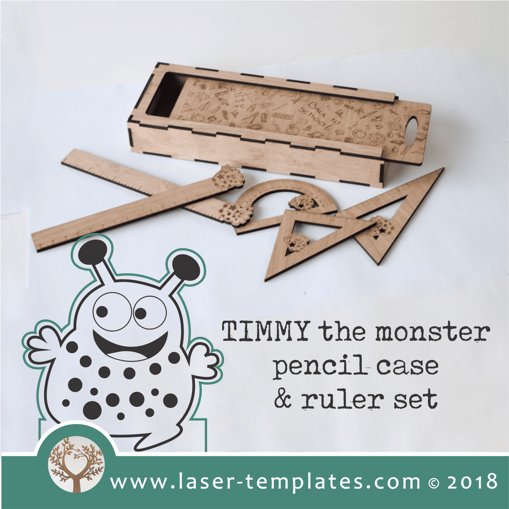 Sliding Lid Pencil Case with Timmy the monster ruler set – Laser Ready ...